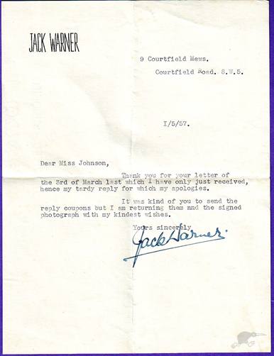AUTOGRAPH JACK WARNER BRITISH ACTOR SIGNED LETTER – John Bertrand ...